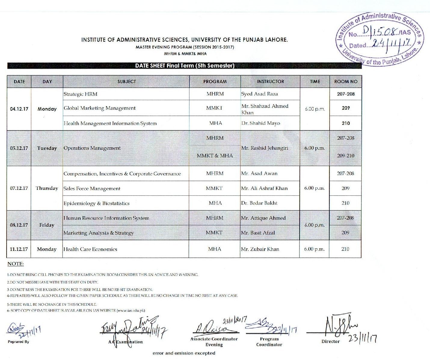 Date Sheet Final Term (5th Semester) – Institute of Administrative Sciences